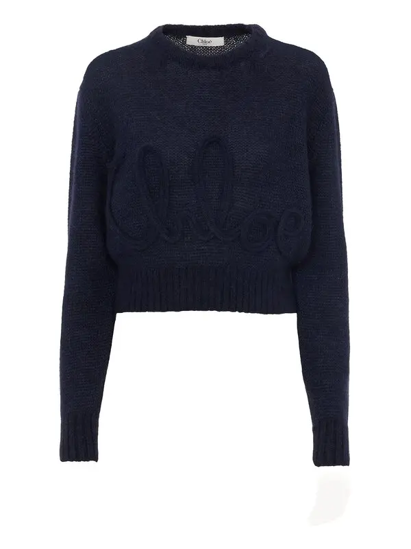 Chloé Alpaca Wool & Silk Knit Cropped Sweater - Navy