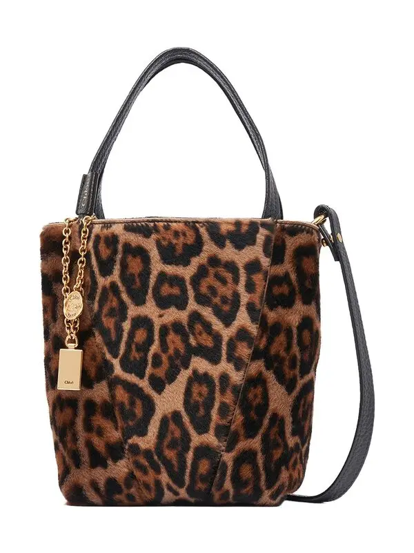 Chloé Small Spin Tote Bag In Leopard Print Shearling - Jungle Brown