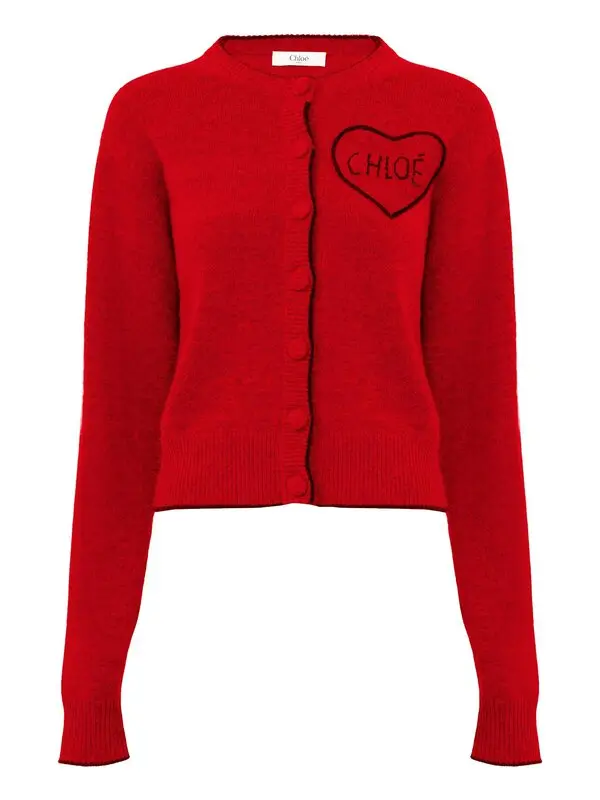 Chloé Fitted Logo Embroidered Wool & Cashmere Cardigan - Joy Red