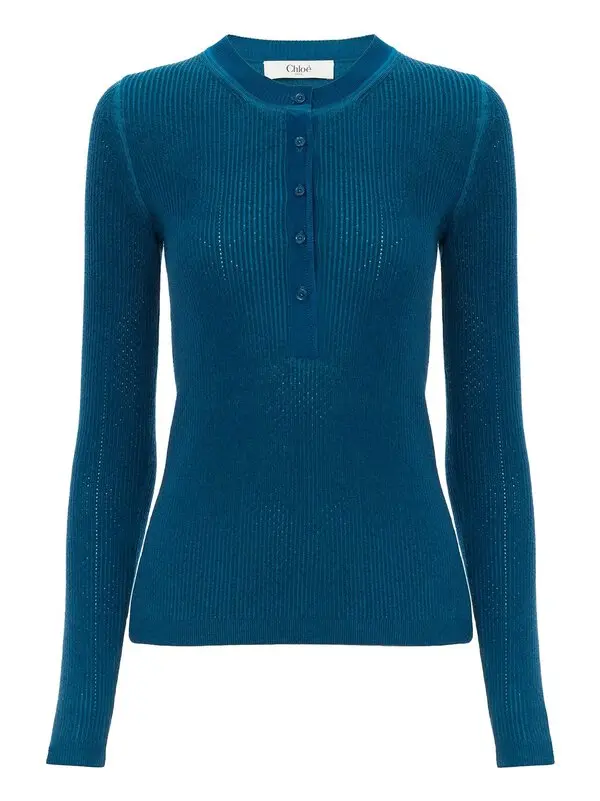 Chloé Merino Wool Knit Henley Shirt - Obscur Blue