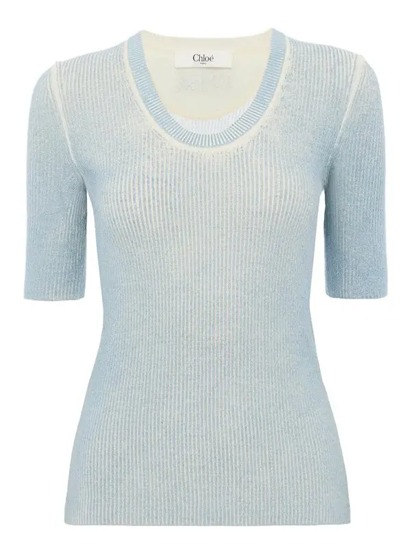 Chloé Ribbed Merino Wool Scoop Neck Short Sleeve Sweater - Cloudless Blue