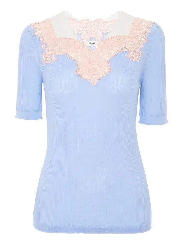 Chloé Wool Rib Knit Fitted Sweater With Guipure Lace Trim - Baltic Sea