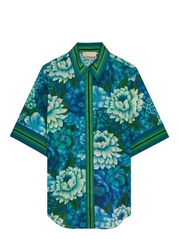 ALEMAIS Floral Print Striped Trim Shirt - Blue