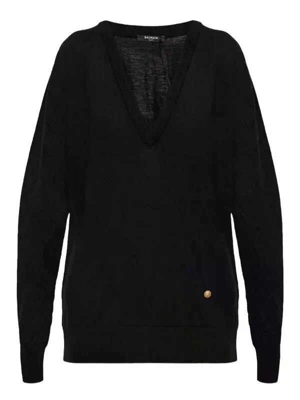 Balmain Diamond-knit V-neck Sweater - Black
