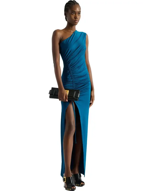 Balmain Long Draped Jersey Dress With Asymmetrical Shoulder And Front Slit - Blue