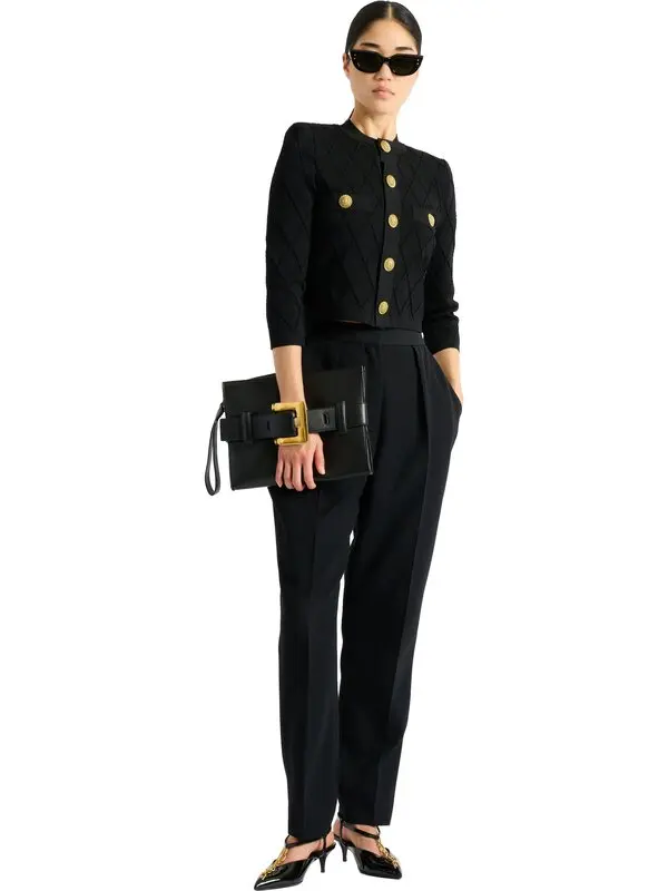 Balmain Cropped Quilted Knit Cardigan - Black