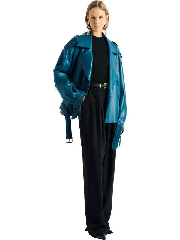 Balmain Lambskin Leather Biker Jacket - Blue