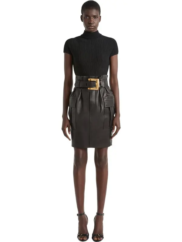Balmain High-waisted Belted Leather Midi Skirt - Black