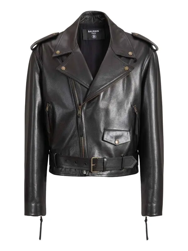Balmain Textured Leather Biker Jacket - Black