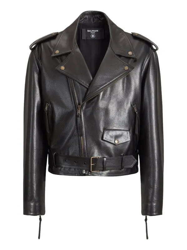 Balmain Textured Leather Biker Jacket - Black