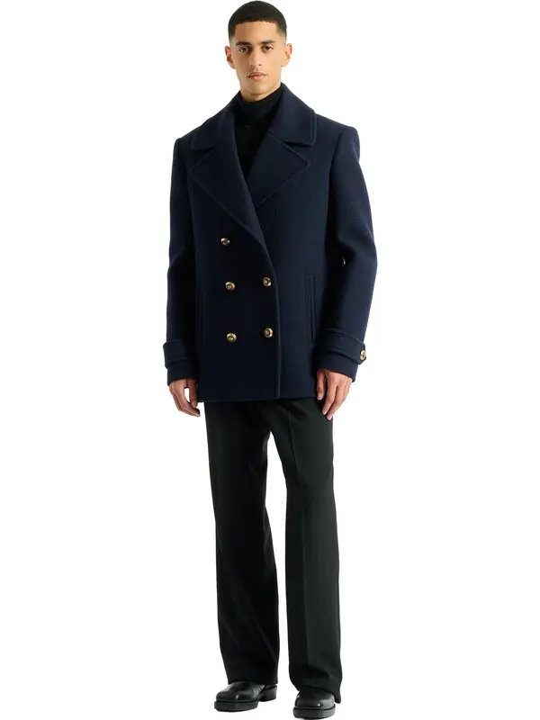 Balmain Boiled Wool Pea Coat - Navy