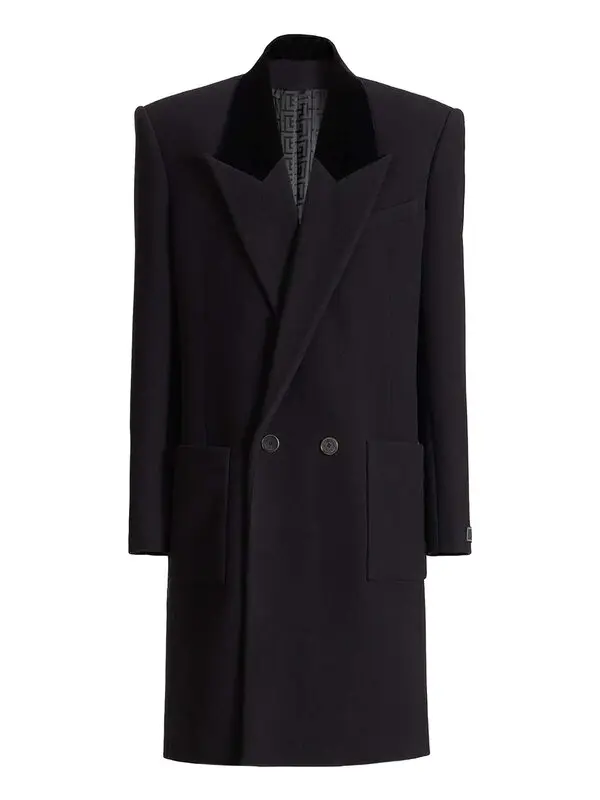 Balmain Long Wool And Velvet Peak Lapel Coat - Black