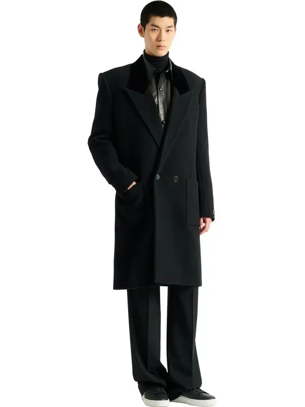 Balmain Long Wool And Velvet Peak Lapel Coat - Black
