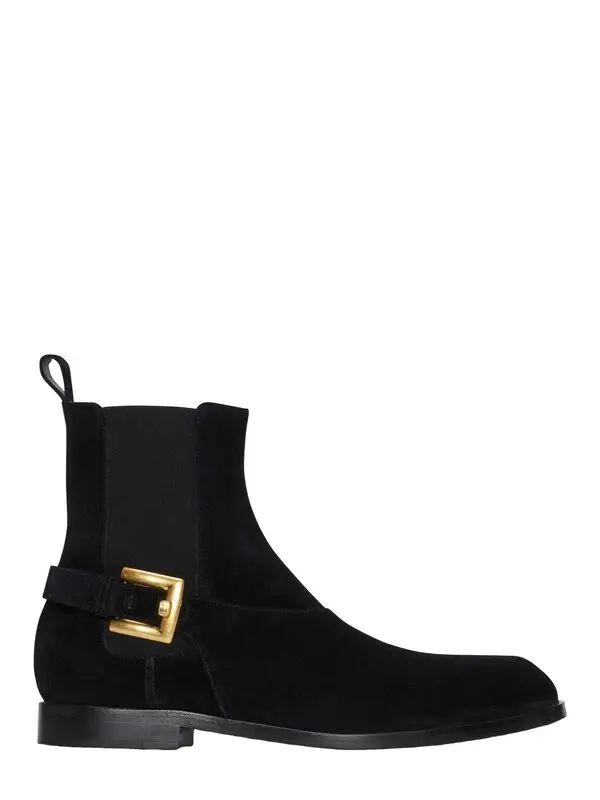 Balmain Suede Leather Anthem Chelsea Boots With Gold Buckle - Black