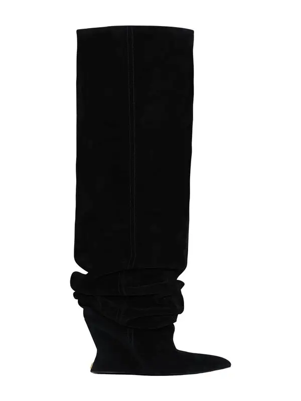 Balmain Suede Leather Wedge Thigh-high Boots - Black