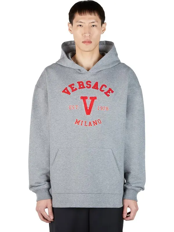 Versace Varsity Logo Patch Hooded Sweatshirt - Gray