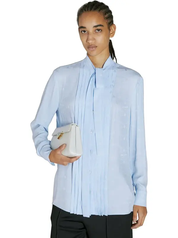 Prada Logo Jacquard Silk Shirt With Pussy Bow - Blue