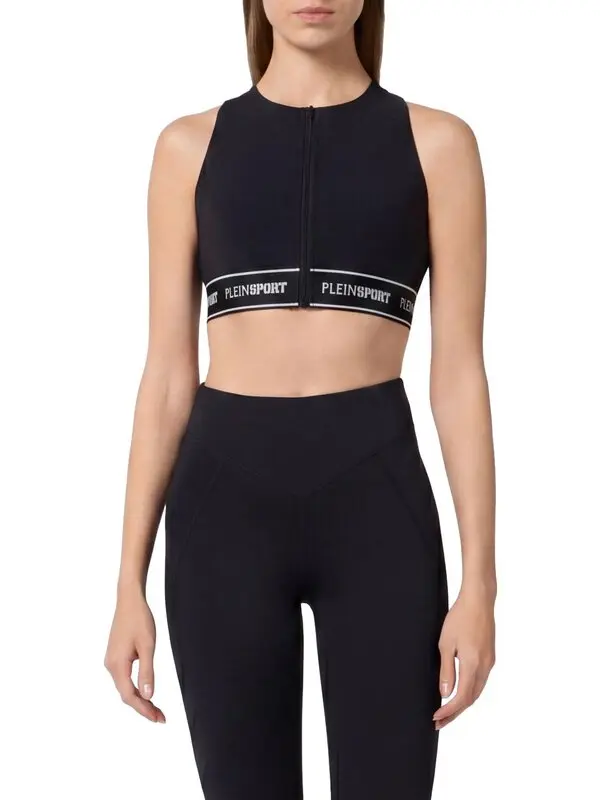 PLEIN SPORT Zip-up High Neck Sports Top - Black