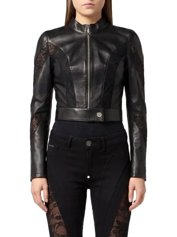 Philipp Plein Lace Detailed Leather Jacket - Black