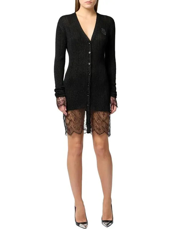 Philipp Plein Button-up Cardigan Dress With Lace Trim - Black