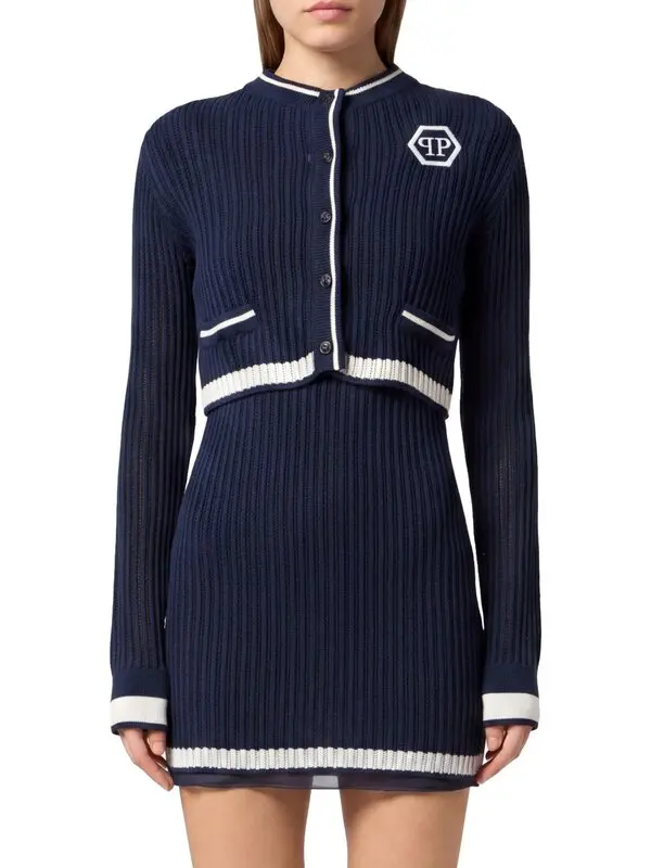 Philipp Plein Cropped College Style Cardigan - Navy