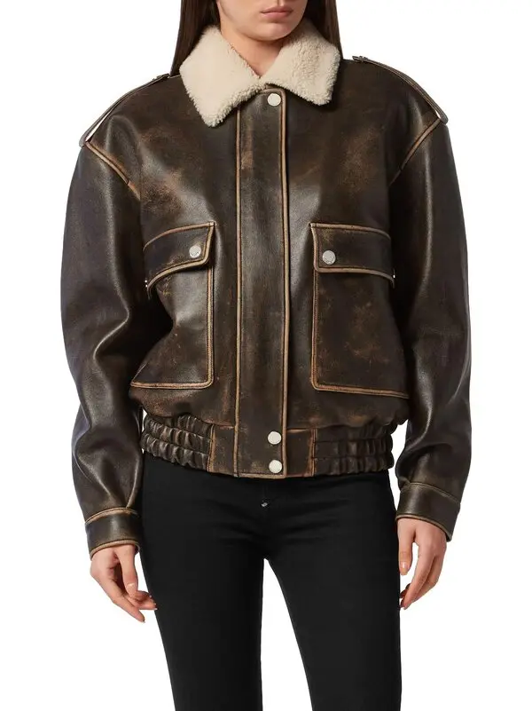 Philipp Plein Distressed Leather Jacket With Fur Collar - Brown