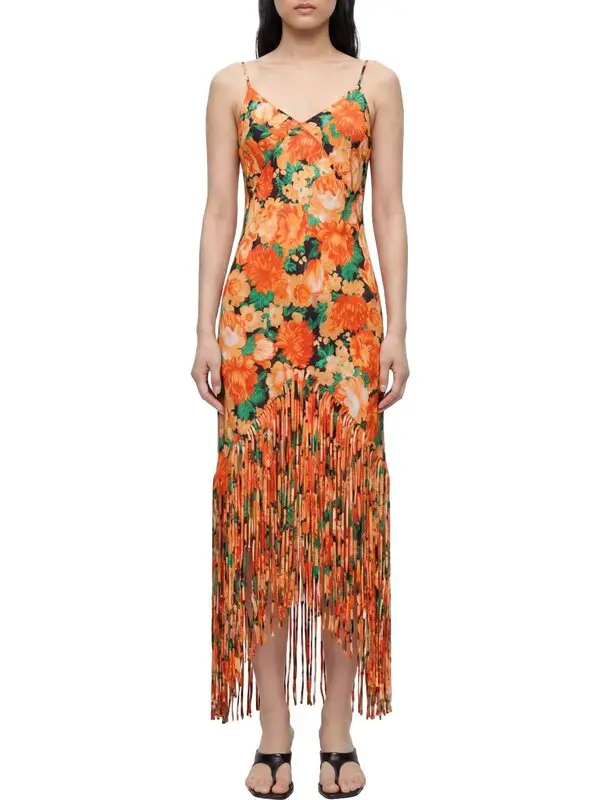 Pinko Floral Embroidered Fringe Midi Dress - Orange