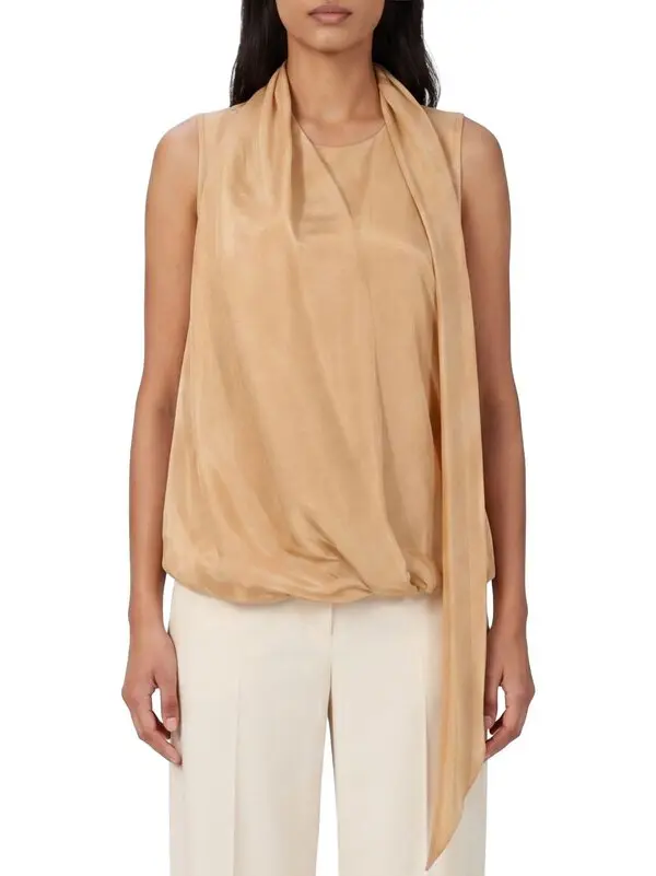 Alberta Ferretti Sleeveless Silk Blouse With Scarf Collar - Beige