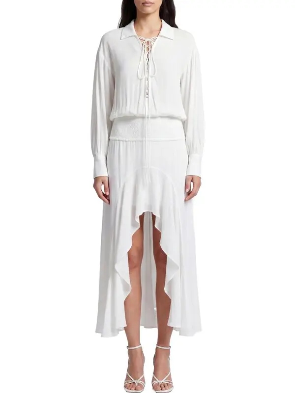 Patrizia Pepe Long Sleeve Lace-up Shirt Dress With High-low Hem - White