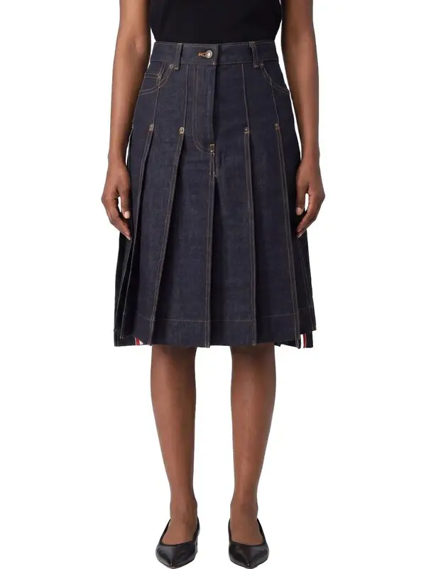 Thom Browne High-waisted Pleated Denim Midi Skirt With Flag Logo Detail - Navy