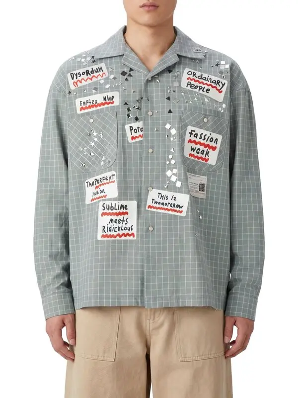 Mihara Yasuhiro Check Cotton Shirt With Cuban Collar And Asymmetric Hem - Blue