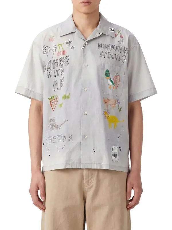 Mihara Yasuhiro Graphic Print Cotton-blend Bowling Shirt With Cuban Collar - Grey