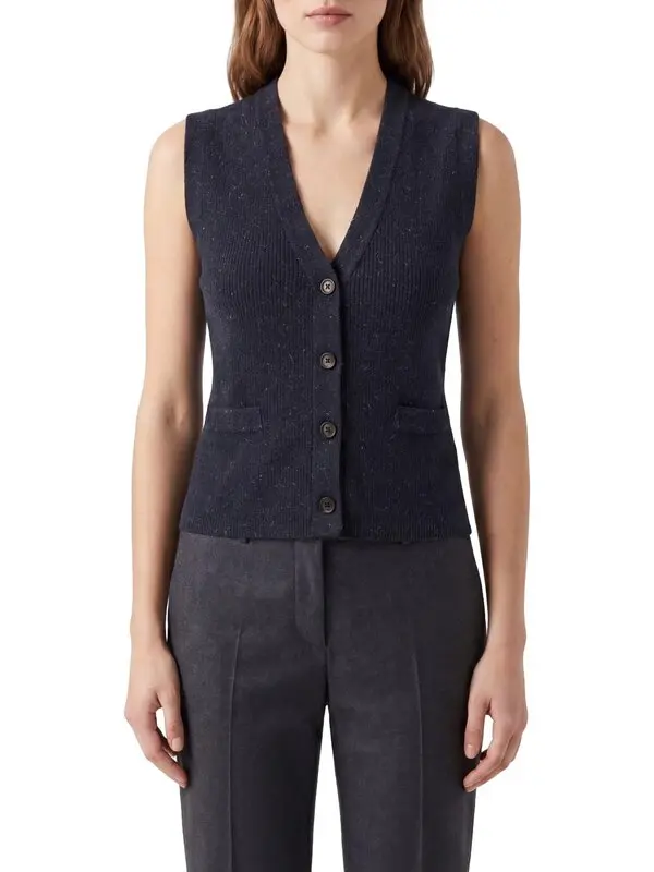 Brunello Cucinelli Slim Fit V-neck Knitted Waistcoat In Cashmere Blend With Lurex - Blue