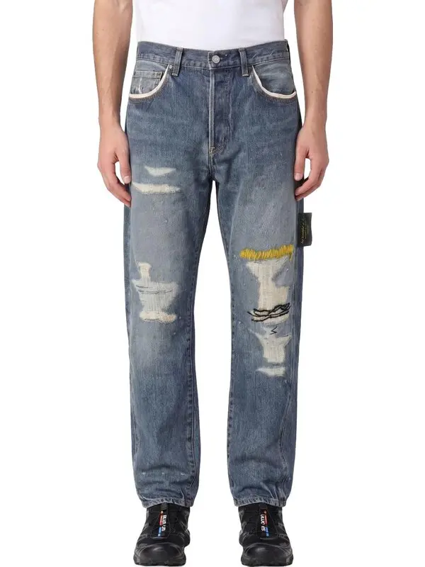 Undercover Straight Fit Embroidered Distressed Denim Jeans - Blue