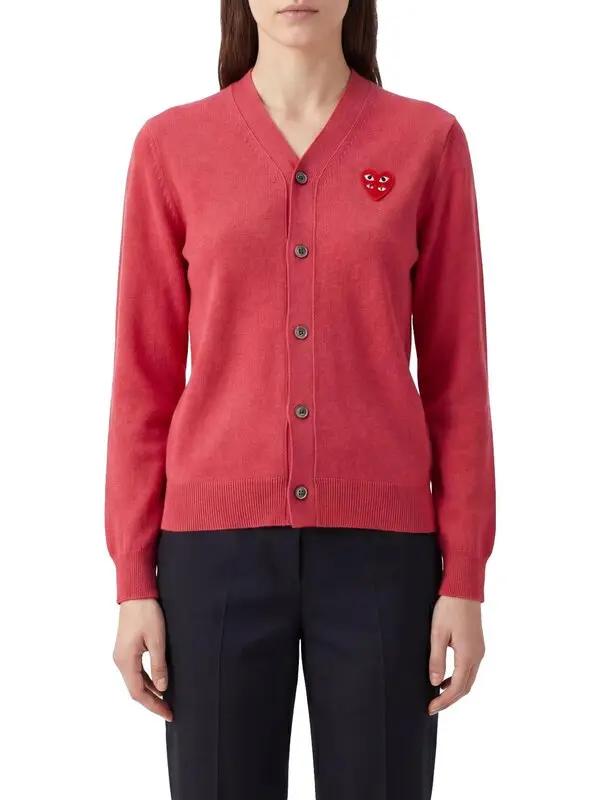 Play Comme Des Garcon V-neck Wool Cardigan With Heart Logo Patch - Pink
