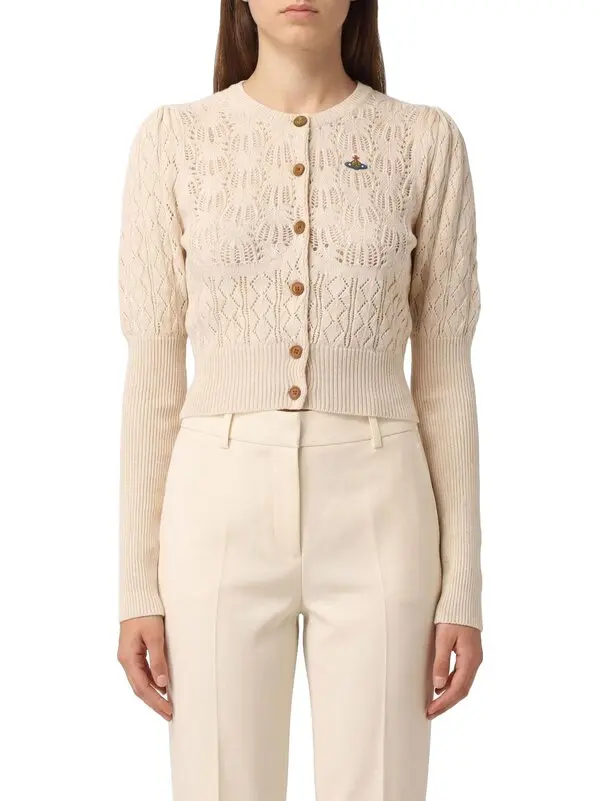 VIVIENNE WESTWOOD Slim Fit Cotton Cardigan With Embroidered Orb Logo And Ruched Shoulders - Beige