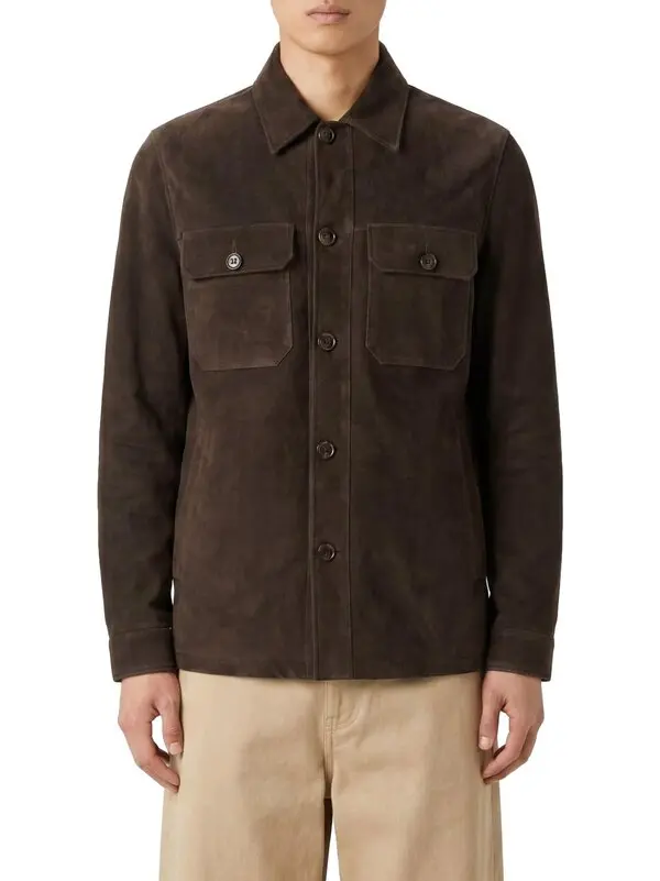 MOORER Suede Lambskin Leather Shirt Jacket With Patch Pockets - Brown