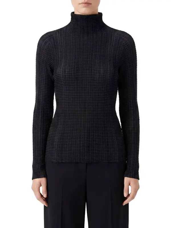 Issey Miyake Pleated Long Sleeve Slim Fit Polo Neck Top - Black