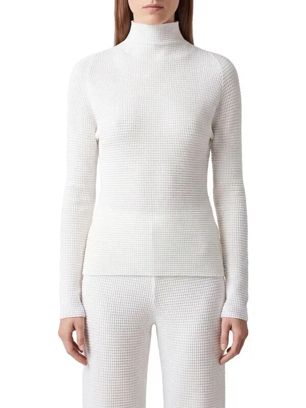 Issey Miyake Pleated Long Sleeve Slim Fit Polo Neck Top - White