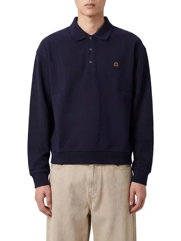 DUNST Long-sleeved Cotton-blend Polo With Embroidered Logo - Blue