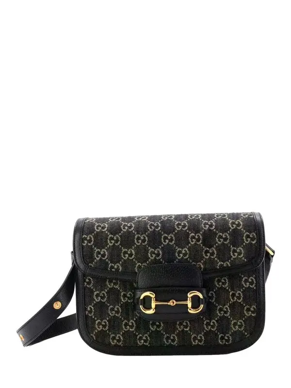 Gucci Horsebit 1955 Gg Denim Small Shoulder Bag - Black