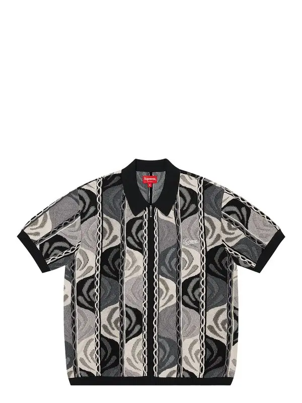 Supreme Abstract Textured Zip Up Polo - Black