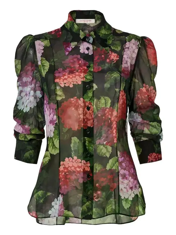 Carolina Herrera Hydrangea Print Chiffon Blouse - Black