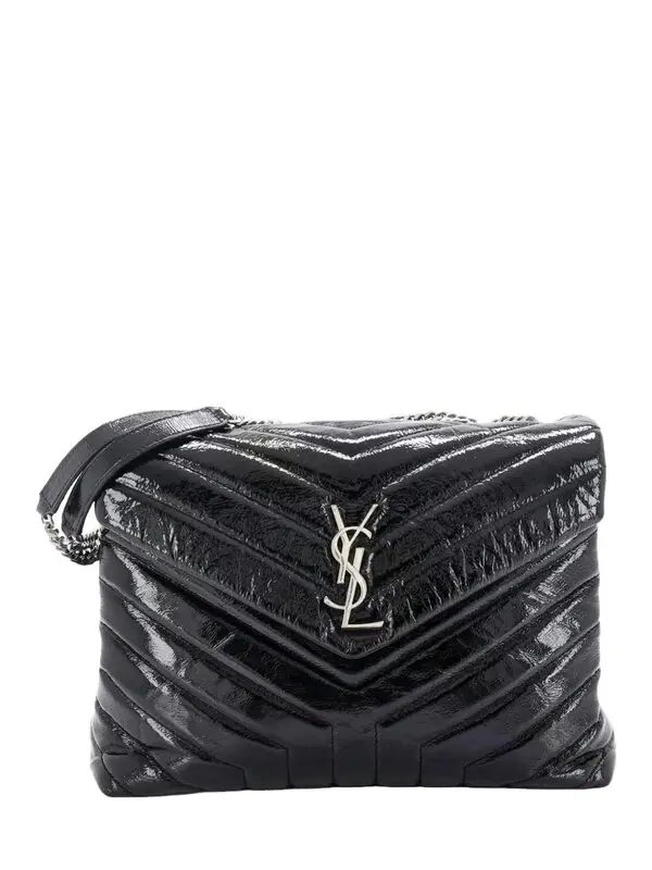 Saint Laurent Loulou Matelassé Chevron Patent Medium Shoulder Bag - Black