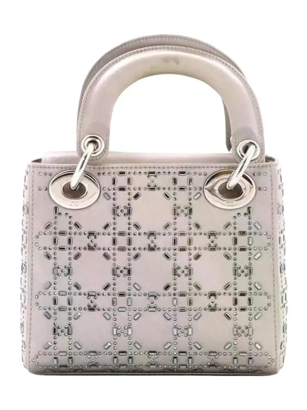 Dior Lady Bag Crystal Embellished Cannage Quilt Satin Mini Satchel - Grey