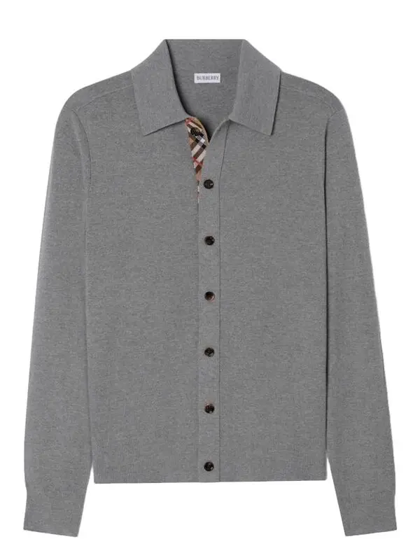 Burberry Wool Cardigan With Check Trim - Grey
