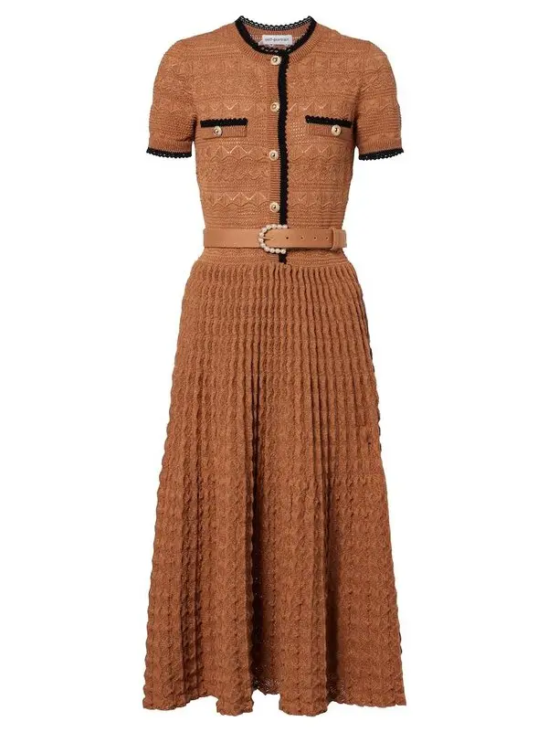 SELF-PORTRAIT Belted Pointelle Cotton-blend Midi Dress In Brown - Beige