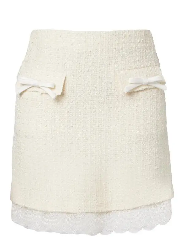 SELF-PORTRAIT Lace-trimmed Boucle Mini Skirt - White