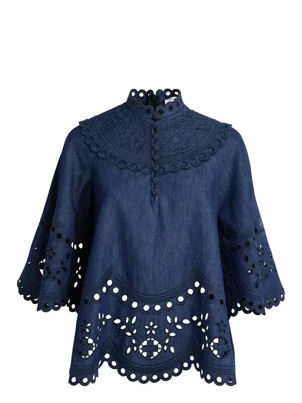 Zimmermann Mahon Denim Broderie Blouse - Navy