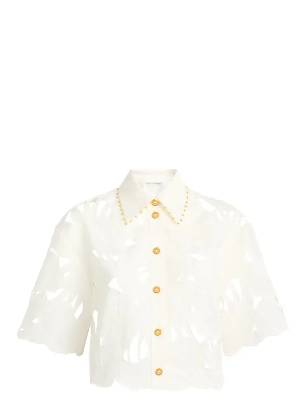 Zimmermann Mahon Cropped Cotton Shirt With Botanical Cut-outs And Floral Buttons - Ivory